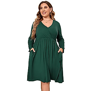 KOJOOIN Women's Plus Size V Neck A-Line Knee Length Wrap Swing Dresses Casual Loose Party Mini Dress with Pockets (Dark Green, 5XL)