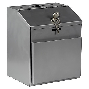 Ballot Box with Locking Hinged Lid and Side Pocket for Forms (Not Included), Metal Suggestion Box for Tabletop or Wall Mount Use, Silver