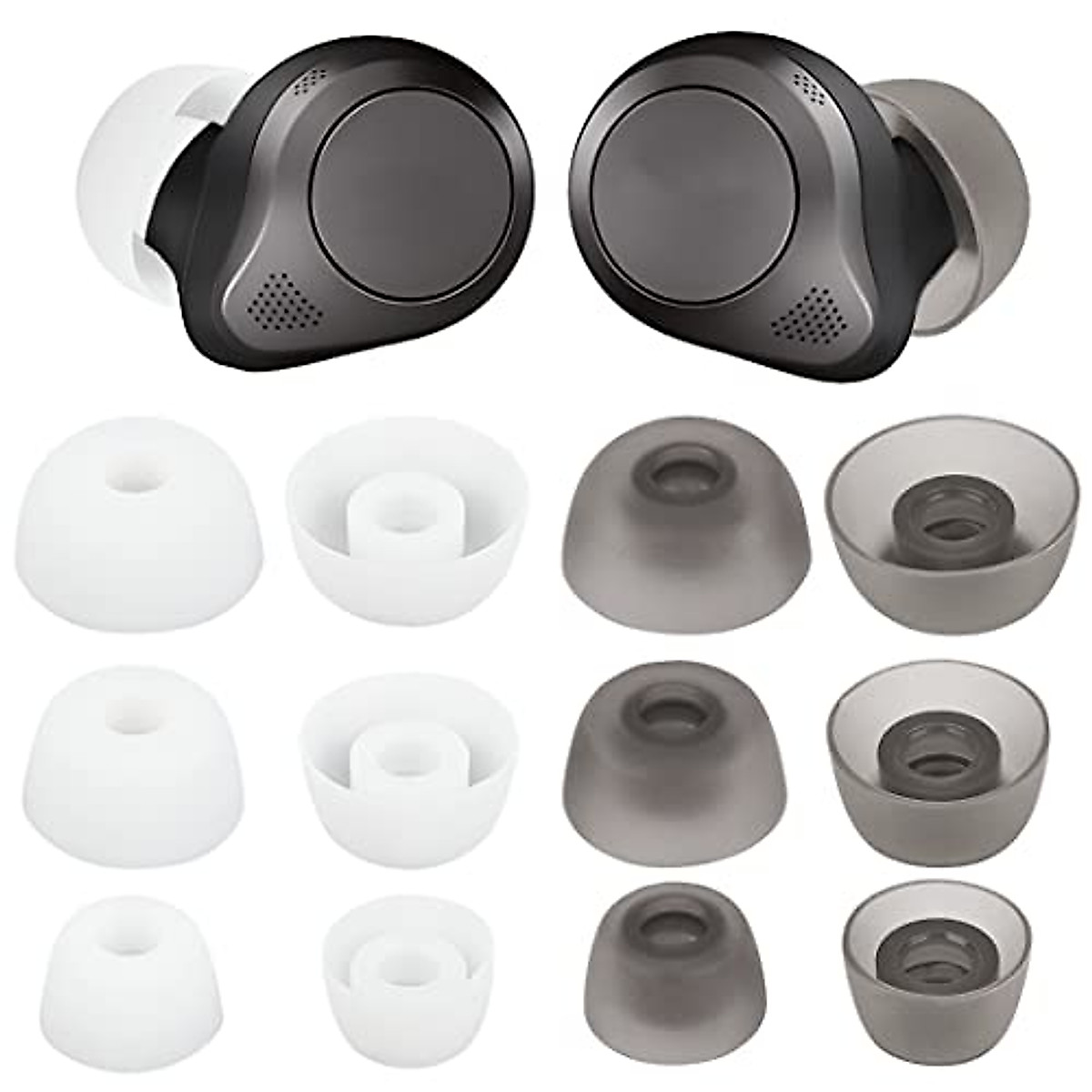 Ear Bud Replacement Pieces Silicone Soft Rubber Earbud Tips Eargel Cover, Compatible with Jabra Elite 75t/ 65t/ Active/ 7 Pro/Elite 3/ Elite S/M/L 6 Pairs Transparent Grey and White