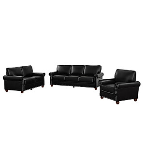 Moxoq Mid-Century Modern Faux Leather Living Room Sofa Set with Rivet Trim, Solid Wood Frame and Legs - Single, Double, Triple, 2+3 Seater, 1+2+3 Seater, 4 Color Options (Black, Single Sofa)