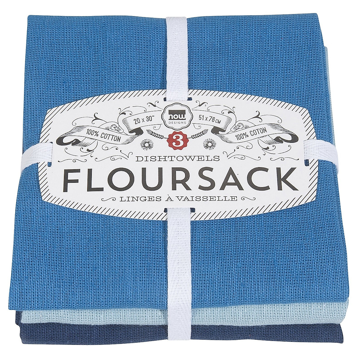 Now Designs Floursack Kitchen Dish Towels Moon/Cool Blue/Indigo 20 x 30in, Set of 3, 1 ea, (911421aa)
