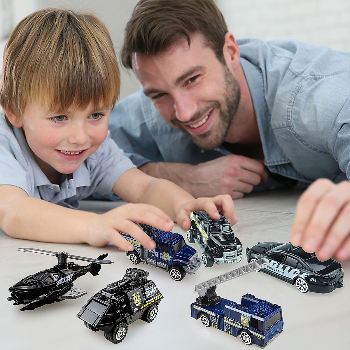 6 Pack Diecast Police Car Toy Set, Mini Alloy Models Police Car Toys for Boys 3-5 6 7, Armored Vehicle, Bulletproof Car, Rescue Truck, Military Helicopter, Armed Car Police Toys Kids Birthday Gift