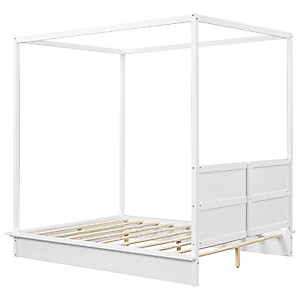 Harper & Bright Designs Full Size Canopy Bed with Headboard and LED Light, 4-Post Canopy Platform Bed Frame, Solid Wood Full Bed Frame for Kids Teens Adults - White