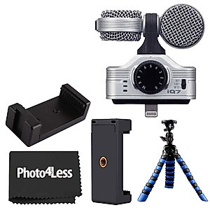 Zoom iQ7 Mid-Side Stereo Microphone for iPhone/iPad + Folding Smartphone Tripod Adapter + 12" Large Rubberized Spider Tripod + Photo4Less Cleaning Cloth – Top Value Bundle