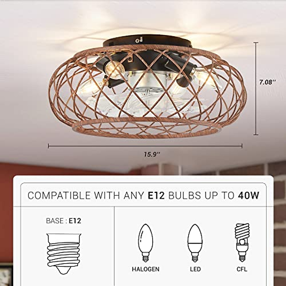 17'' Low Profile Caged Ceiling Fan with Lights Remote Control, Metal Flush Mount Indoor, 3 Speeds Adjustable, Small Industrial Ceiling Fan with Light for Living Room, Kitchen, Bedroom