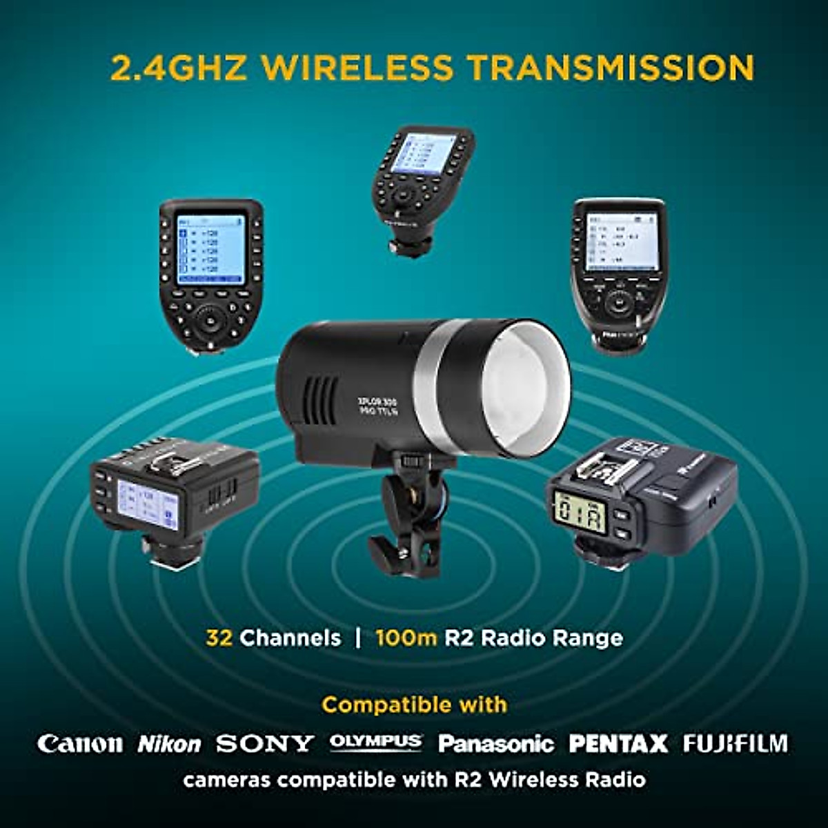 Flashpoint XPLOR 300 Pro TTL R2 Battery-Powered Portable Monolight for Strobe Light Photography, 300Ws, 2.4G HSS 1/8000 2600mAh Li-ion Battery, 0.01-1.5s Recycle Time, 5600±200K, LED Modeling Light