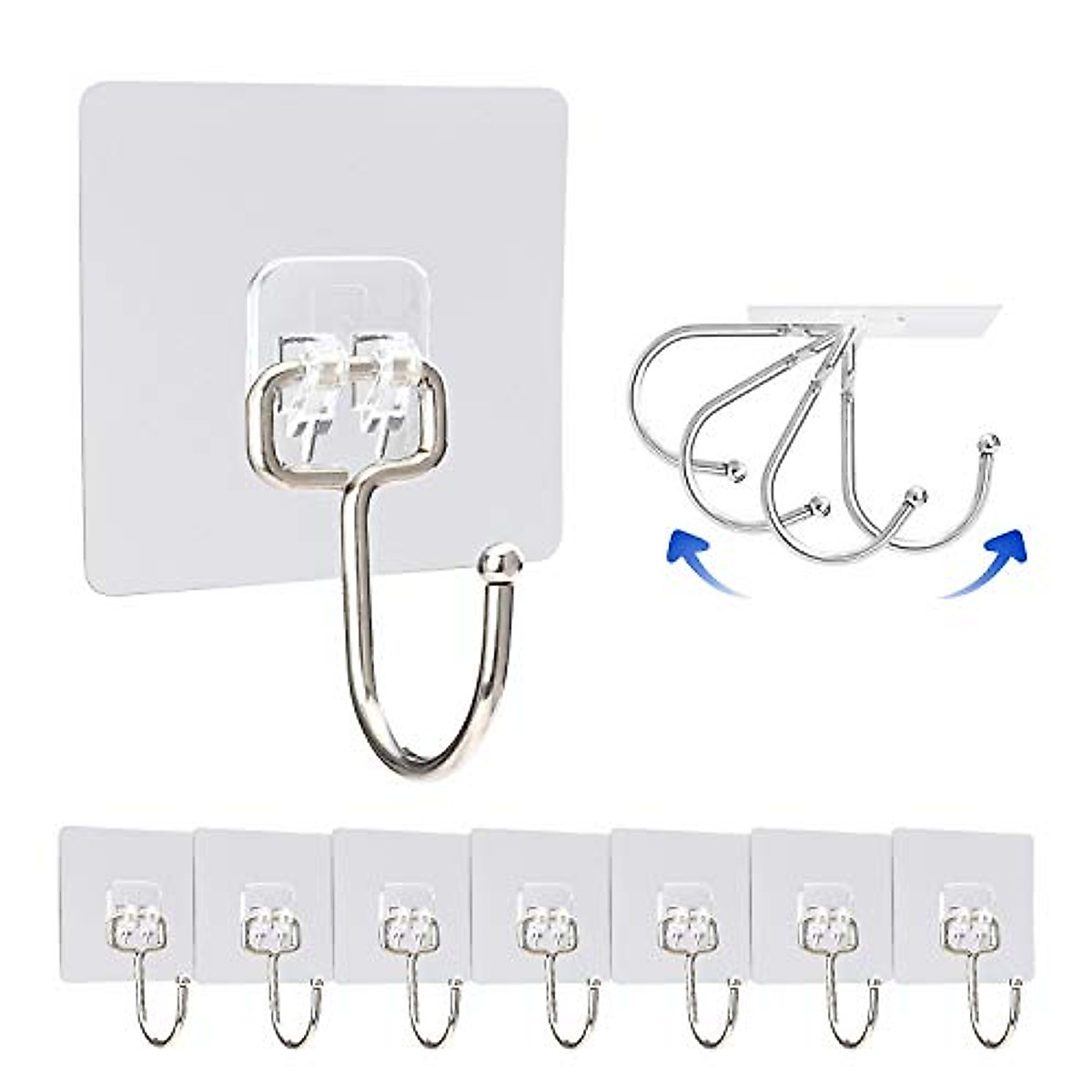 Large Adhesive Wall Hooks 22dl(max) Heavy Duty Wall Hooks for Hanging ,Waterproof and Rustproof,Bathroom Kitchen Transparent Reusable Self Adhesive Hooks，8Pack