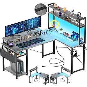 Aheaplus Small L Shaped Gaming Desk with LED Lights & Power Outlets, Reversible L-Shaped Computer Desk with Monitor Stand & Storage Shelf, Corner Desks Home Office Desk with Storage Bag, White Oak