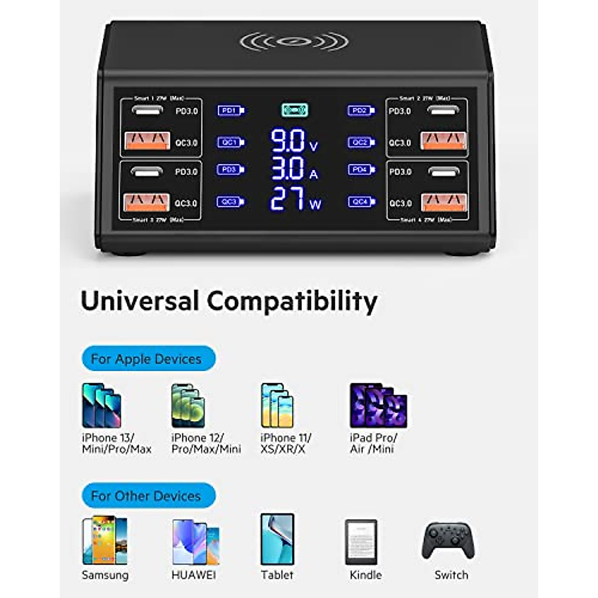 LMAIVE USB Charging Station, 100W Charging Station, 8-Ports Charging Station for Multiple Devices, Multi USB Charger Station, USB C Charging Station Compatible with iPhone, iPad, Samsung, Huawei