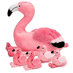 Qpewep 21Inch Flamingo Stuffed Animal Toys with 4 Babies Soft Plush Flamingo Inside Pink Plushie Machine Washable for Kids Birthday Toddlers Kids Zoo Flamingo Party Decor Easter Gift