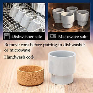 White Double Espresso Cups Set of 4 - Removable Cork Insulating Base Ceramic Coffee Cup Mug 4oz with Removable Cork Sleeve - Stackable - Handleless