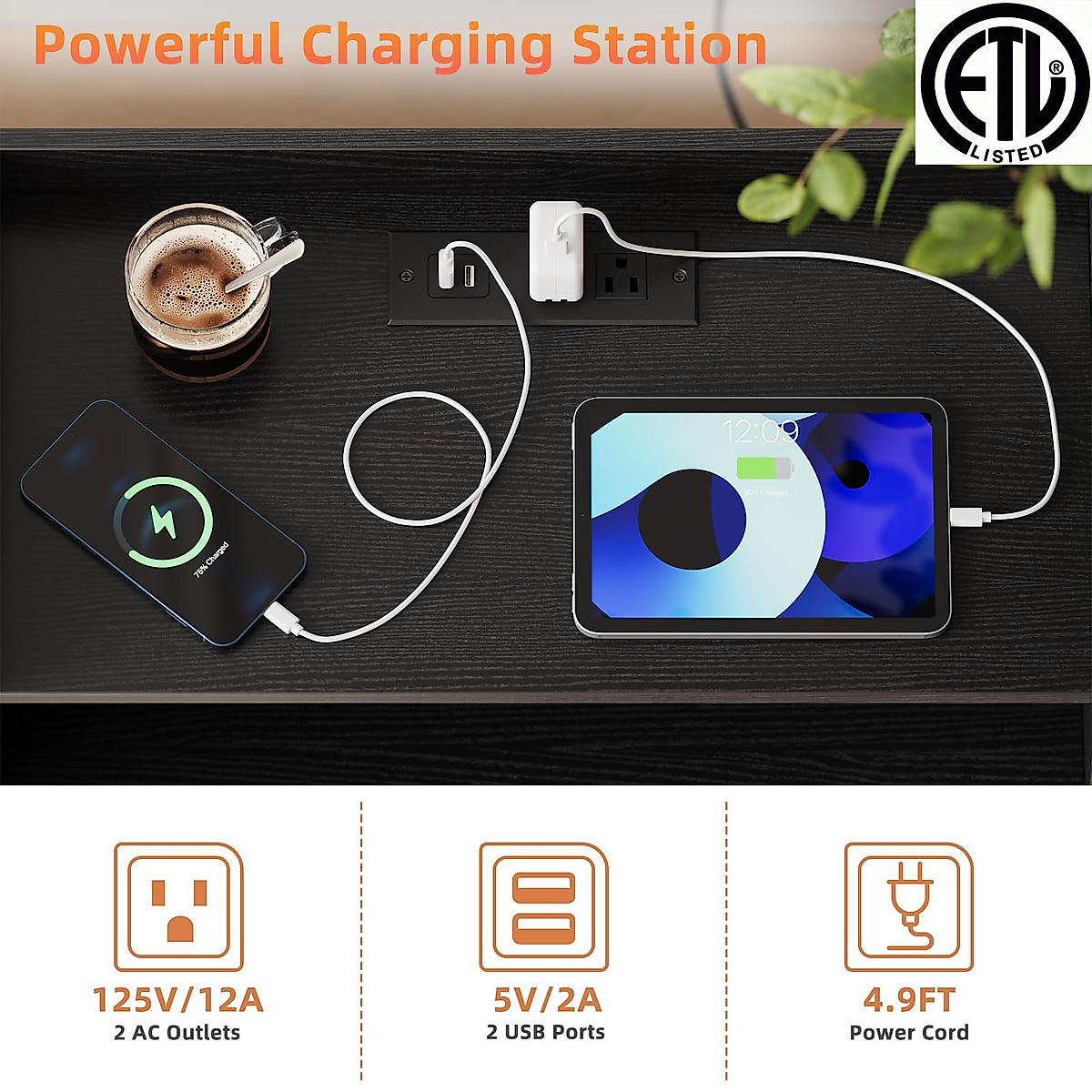 Memobarco Nightstand with Charging Station and LED Light,Modern Nightstand with USB Ports and Outlets,Wooden Bedside Tables with 2 Storage Drawers,Small Dresser for Bedroom Small Space,Black