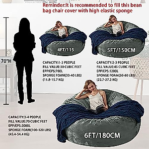 XIECUVA Bean Bag Chair Cover (Not A Full Bean Bag), Large Round Soft Fluffy Ultra-Fine Fiber Velvet Sofa Bed Cover, Lazy Sofa Bed Cover, 5ft Dark Grey (Cover Only, No Filler)