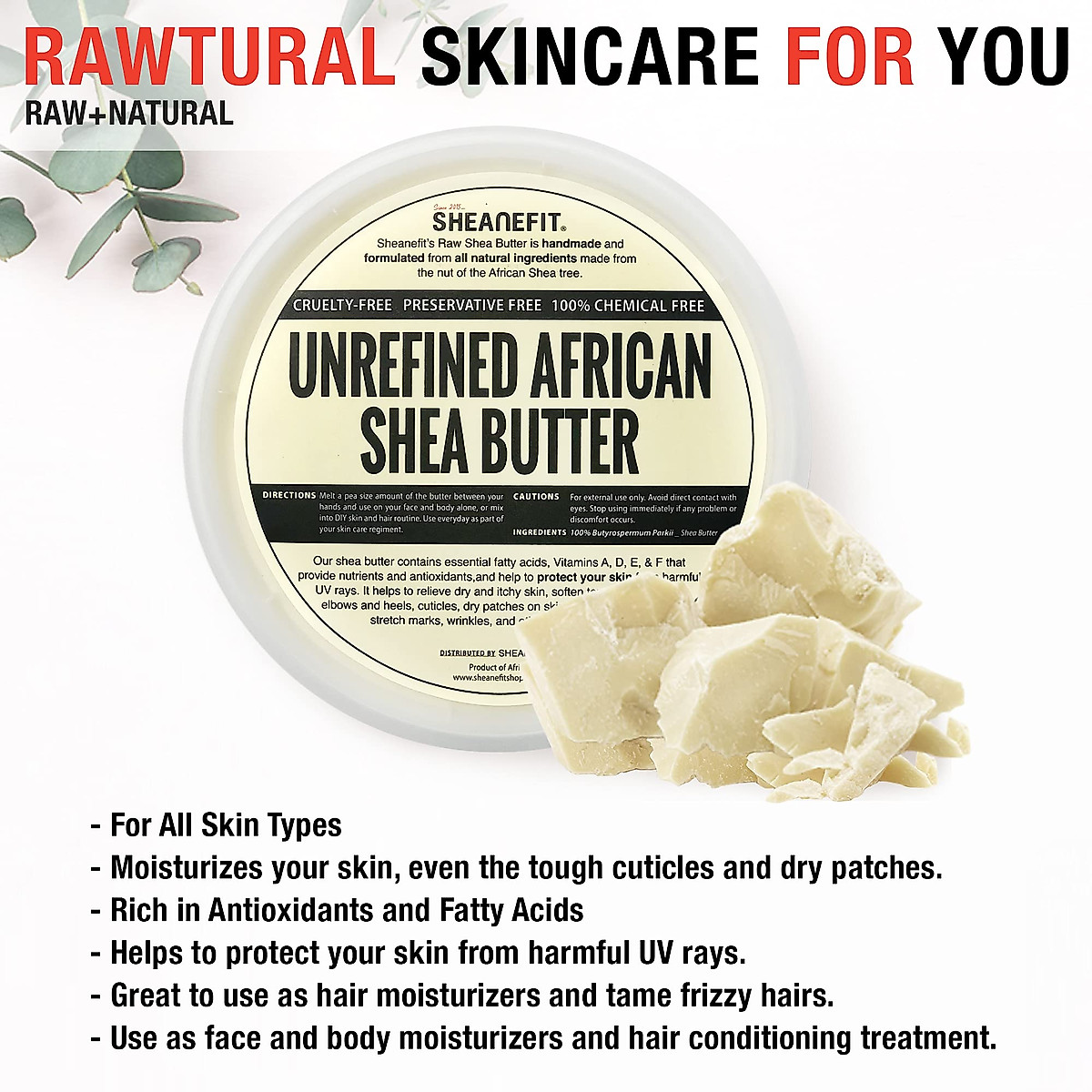 Sheanefit Raw Unrefined African Shea Butter, Natural Body Butter, Soft & Smooth Daily Moisturizer For Face & Body Ivory 8oz (Pack of 1)
