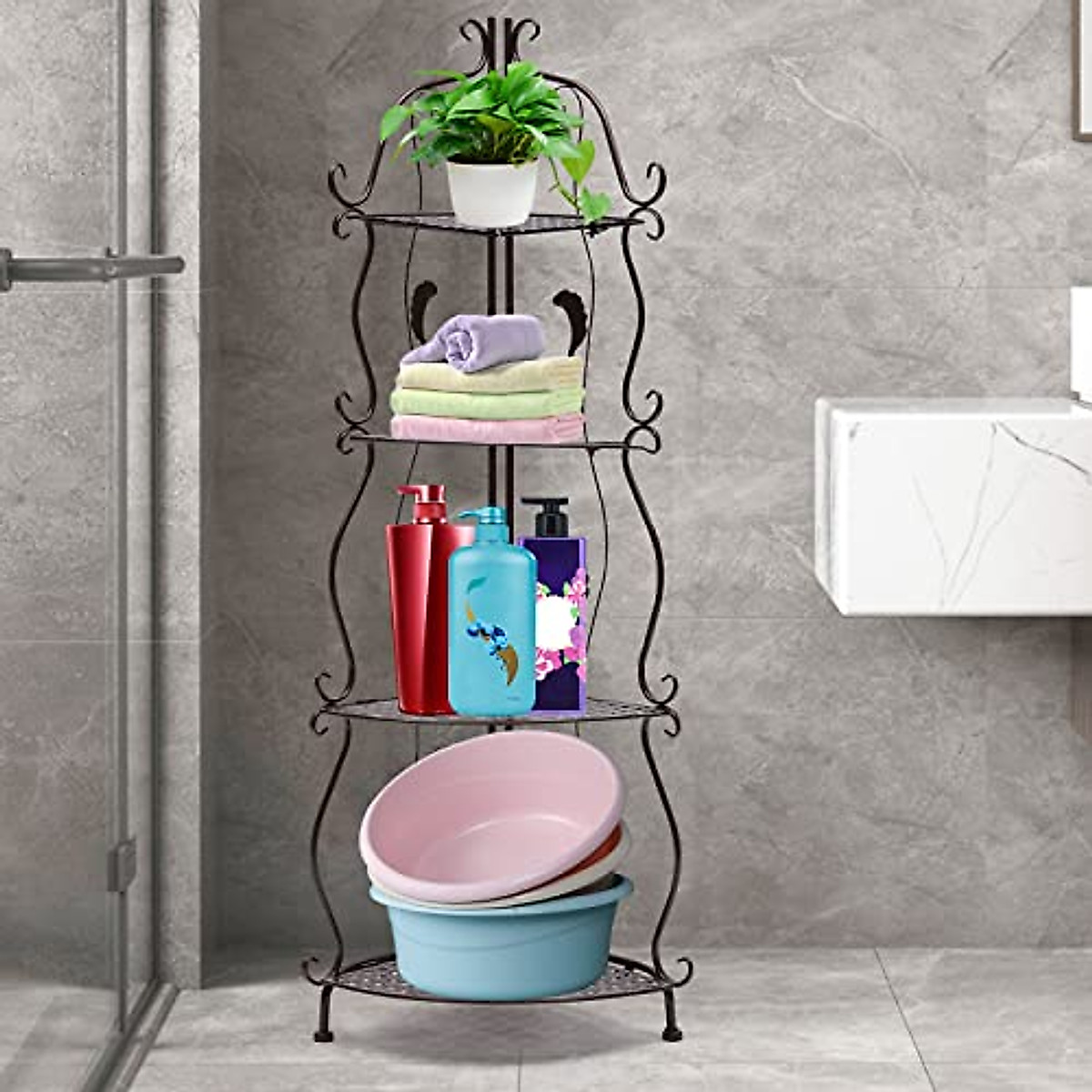 WANLECY 4 Layers Corner Shelf Stand, Metal Corner Bathroom Shelf Freestanding Toilet Bedroom Multi-Storey Shelf, Multipurpose Space Saving Storage Rack for Living Room, Kitchen, Bathroom