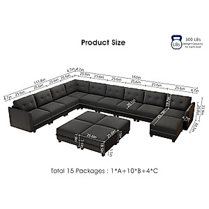 LLappuil Modular Sectional Sofa with Storage Oversized U Shaped Couch with Reversible Chaise Luxury Velvet Sofas for Living Room 10 Seats with 4 Ottomans Denim Black Grey
