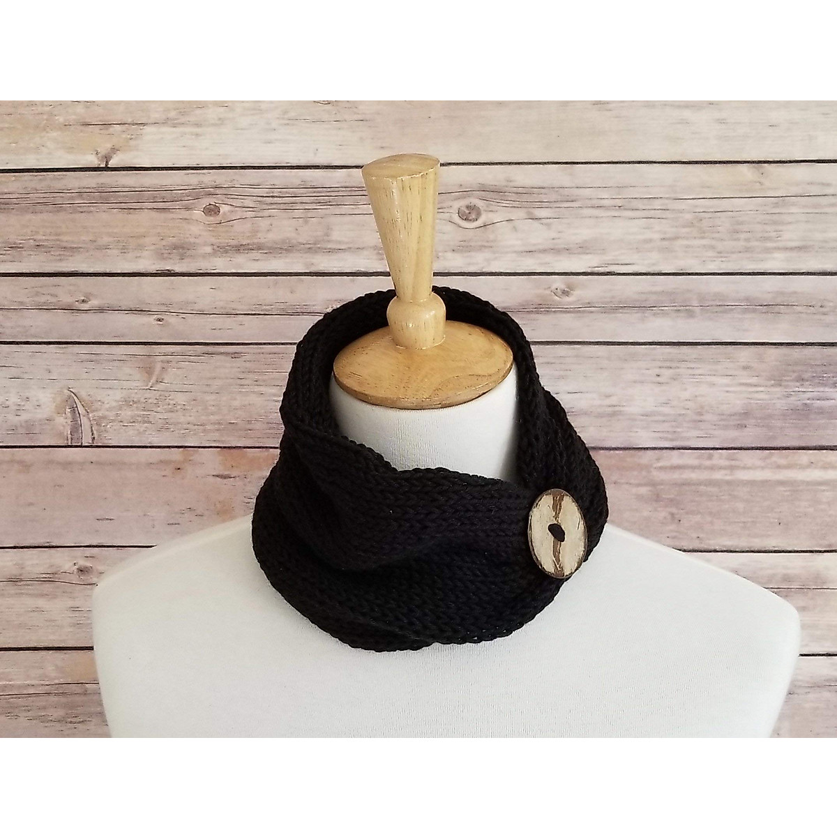 Handmade Black Knitted Wool Headband Ear Muffs with Coconut Button