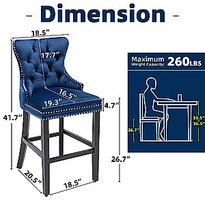 GOOLON Bar Stools Set of 2, Velvet 26 Inch Seat Height Counter Height Barstools Button Tufted Backrest, Rivet Trim Bar Chairs for Kitchen Island Mid-Century Metal Pull Ring Wood Frame Legs, Blue