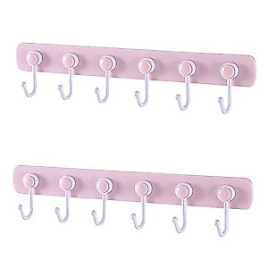 BOSGAS Adhesive Wall Hook with 6 Rotate Hooks,Wall Coat Rack, Perfect for Hanging Clothes Cooking Tool Towel in Kitchen and Bedroom, Easy to Use, Strong Bearing Capacity (Pink 2 Pack)