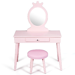 GOFLAME Kids Vanity Set, Princess Dressing Table Set, Wooden Dresser, Little Girls Makeup Table and Stool Set, Pretend Beauty Play Set with Real Mirror, Pull-Out Drawer and Cushioned Stool (Pink)