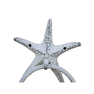 Handcrafted Nautical Decor Rustic Whitewashed Cast Iron Starfish Towel Holder 8.5" - Decorative Starfish -