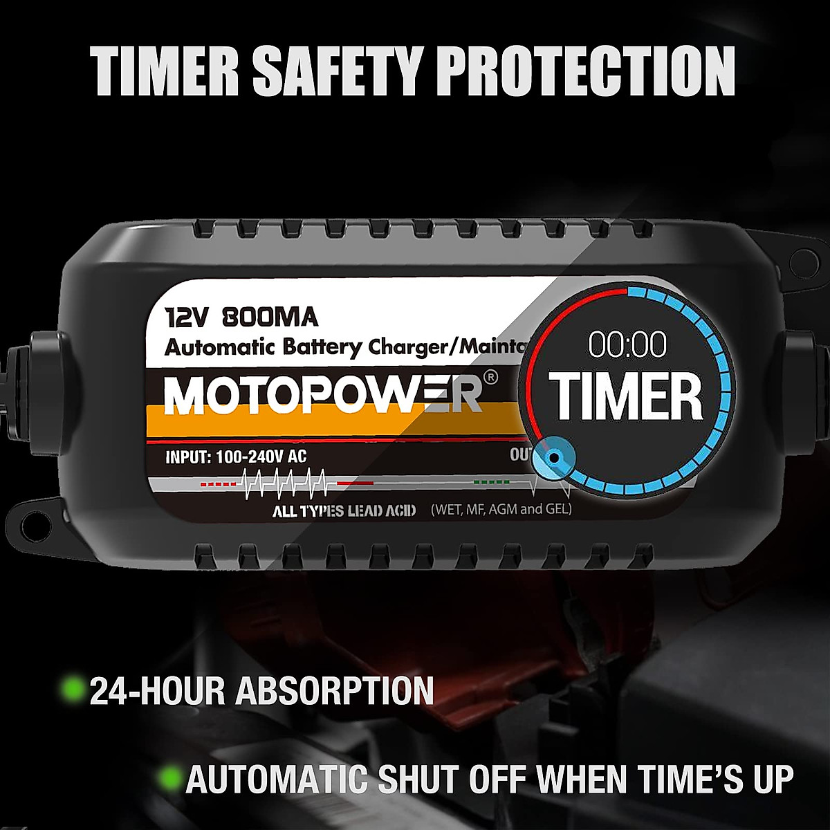 MOTOPOWER MP00205C 12V 800mA Automatic Battery Charger, Battery Maintainer, Trickle Charger, and Battery Desulfator