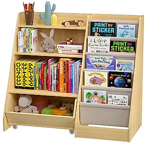 JHTOPJH 3 Tier Kids Wooden Bookshelf, 5 Sling Bookshelf, 1 Removable Storage Cabinet, Kids & Toddler Book Rack for Book Storage and Display