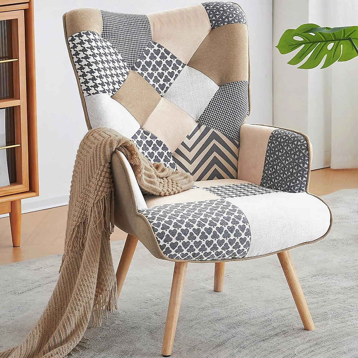 Bafode Accent Chair, Arm Chair for Living Room, Reading Chairs with High Back and Solid Wood Legs, Comfy Chairs for Bedroom, Boho Decor Patchwork Lounge Chair for Office or Balcony(Grey)