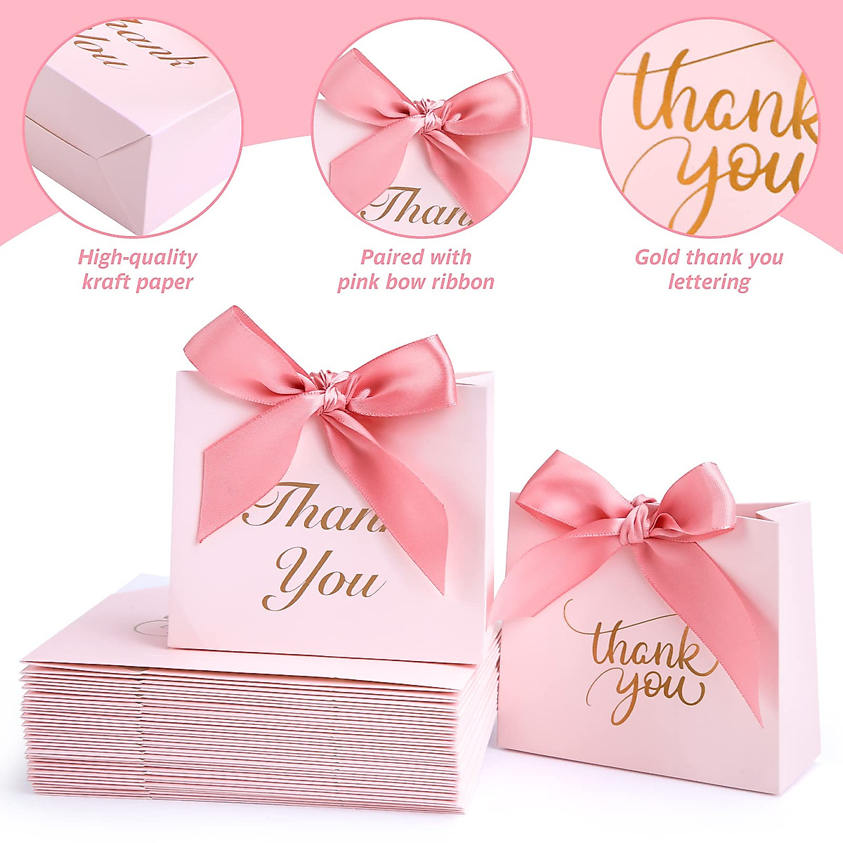 VGOODALL 24PCS Small Thank You Gift Bags, Mini Party Favor Bags Pink Candy Bags Treat Boxes Paper Gift Bags with Bow Ribbon for Wedding Bridal Baby Shower Birthday Party