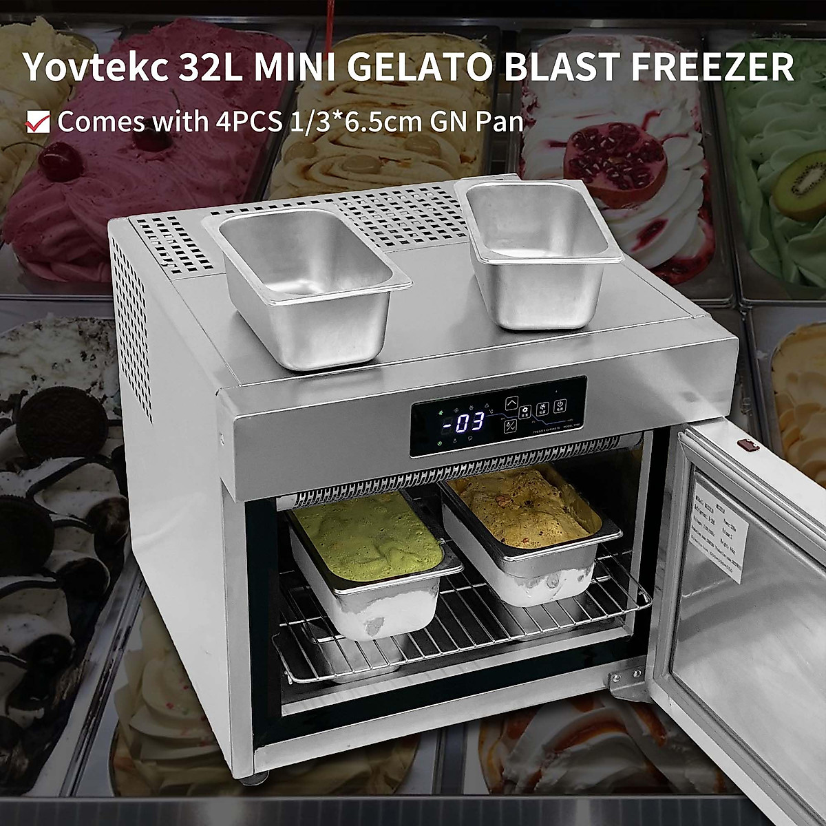 Yovtekc 32L Mini Gelato Blast Freezer, Batch Freezer, Blast Chiller Freezer, Tabletop Hard Ice Cream Freezer, Food Chilling Freezing, One Click Defrosting for Ice Cream Gelato, 290W 110V
