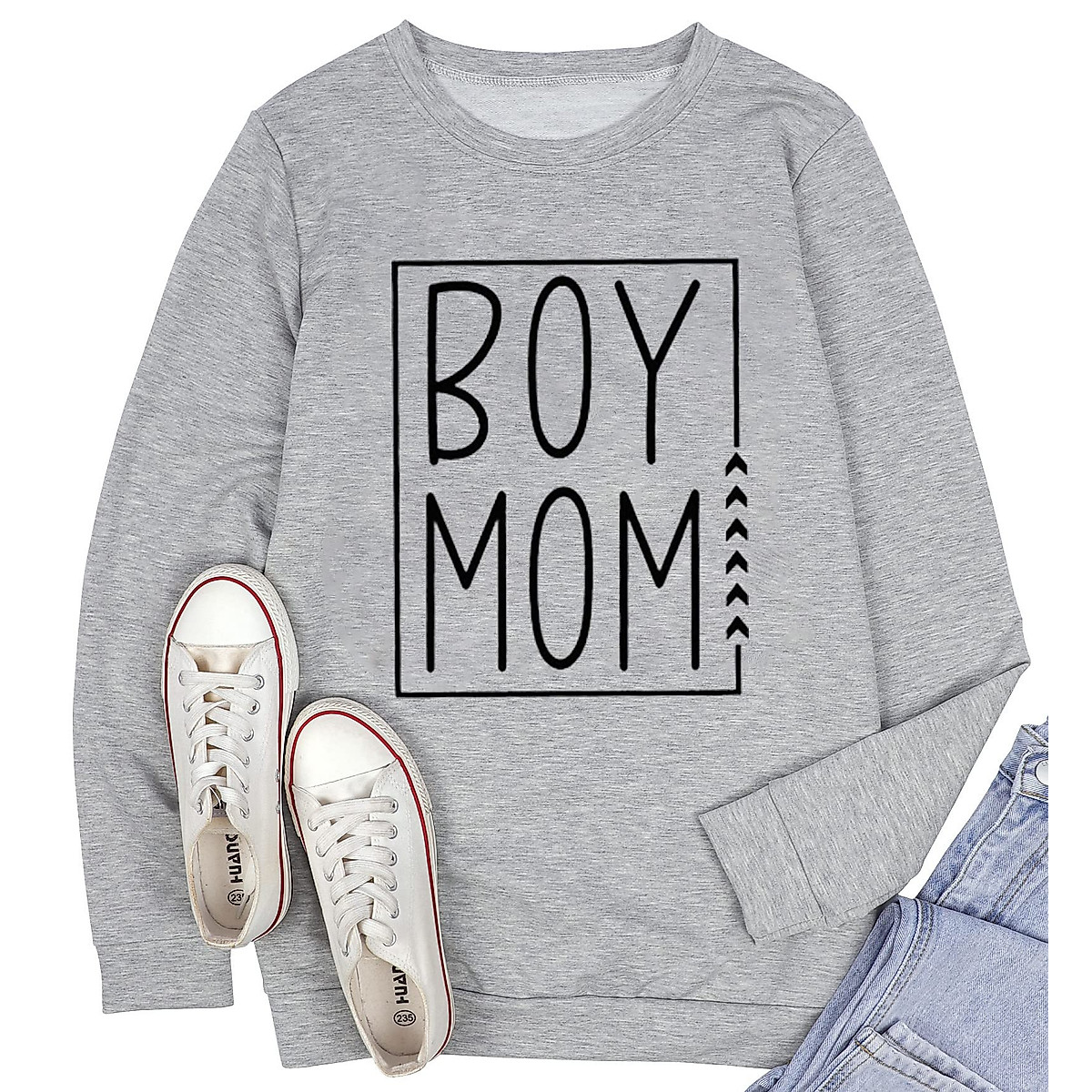 Boy Mom Sweatshirt for Women Casual Fall Winter Long Sleeve Pullover Tops Funny Letter Print Boy Mama T Shirt (M, Gray)