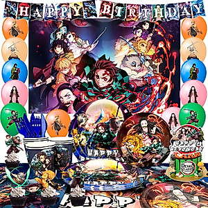 Demon Slayer Birthday Decorations,112pcs Demon Slayer Party Decorations&Tableware Set-Demon Slayer Birthday Banner Balloons Cake Topper Backdrop Plates Cups Tablecloth etc Demon Slayer Party Supplies
