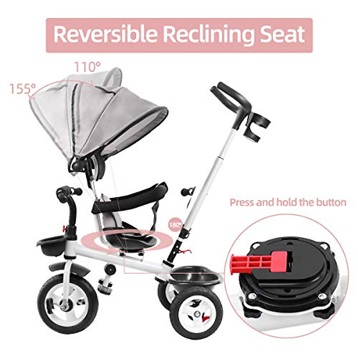 4 in 1 Kids Tricycle, Toddler Tricycle for Children Aged 1 to 5 Years Old, Baby Tricycle with Adjustable Canopy/Safety Seat/Storage Basket/Foot Pedals/Cup Holder (Gray)