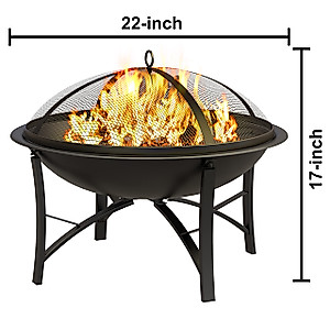 Fire Beauty Fire Pit for Outside Wood Burning,BBQ Grill Steel Fire Bowl with Spark Screen Cover,Log Grate,Poker for Camping Beach Bonfire Picnic Backyard Garden