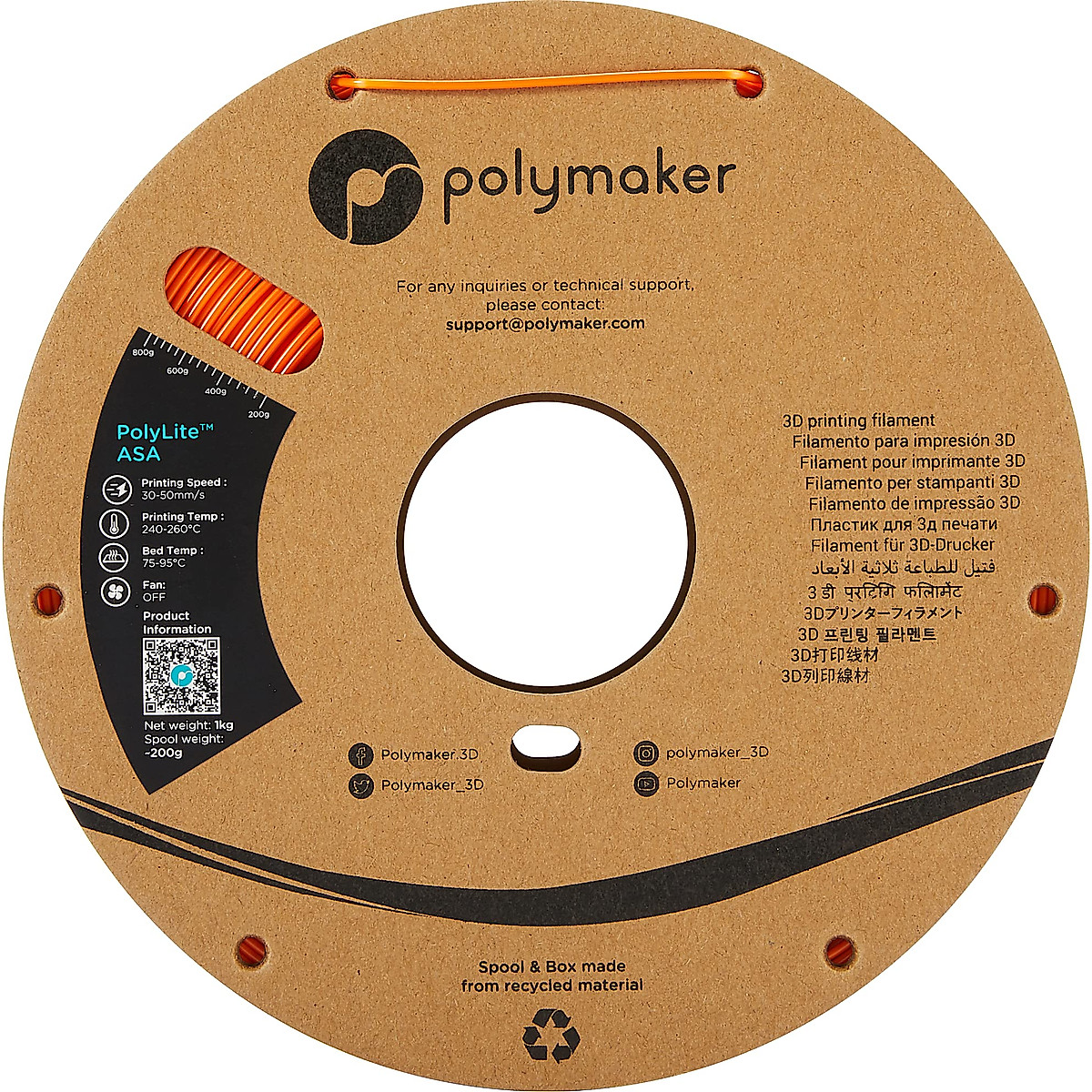Polymaker ASA Filament 1.75mm Orange, 1kg ASA 3D Printer Filament, Heat & Weather Resistant - ASA 3D Filament Perfect for Printing Outdoor Functional Parts, Dimensional Accuracy +/- 0.03mm