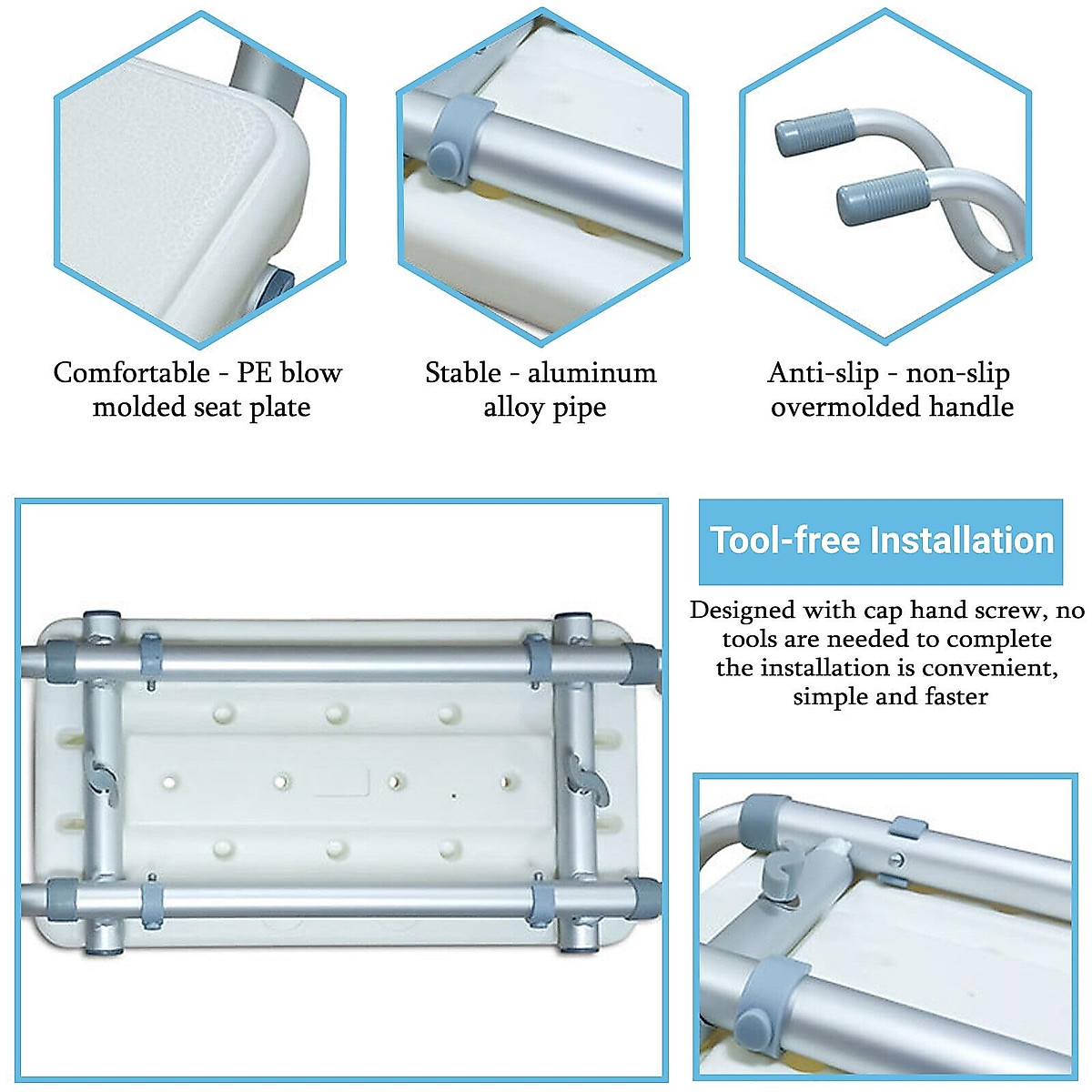 Heavy Duty Bath Bench Seat, Suspended Bath Tub Shower Chair Aluminum Alloy Bathtub Benches Bathing Seat for Elderly Adults Seniors Disabled or Injured, Length Adjustable Universal Fit, 260LBS Load