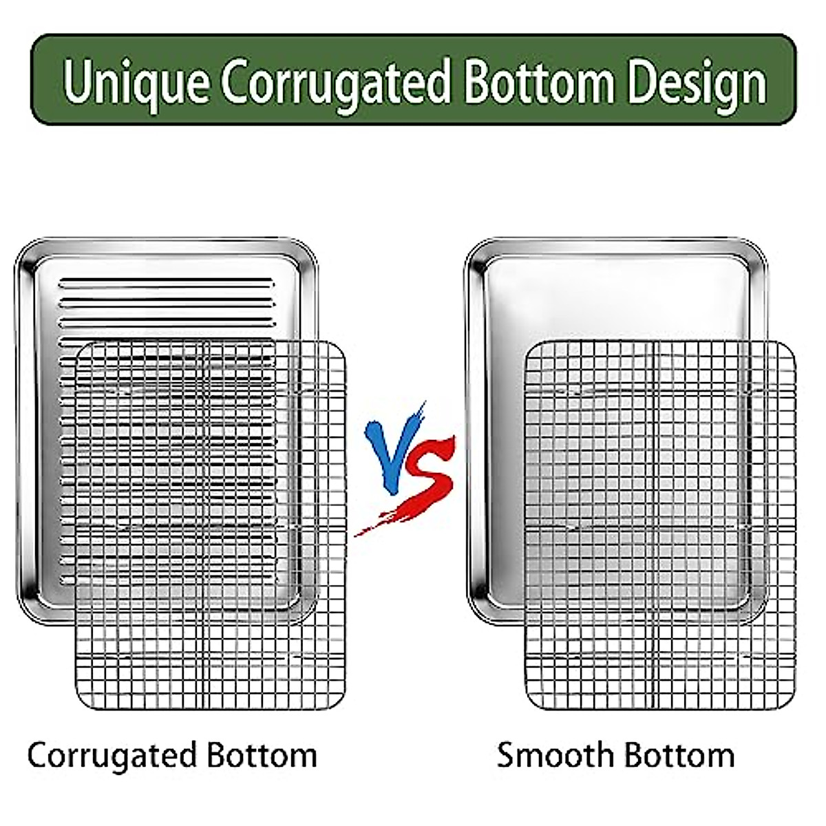 Baking Sheet Tray with Cooling Rack Set (2 Pans + 2 Racks), Stainless Steel Cookie Pan with Cooling Rack For Oven, Nonstick Baking Pan, Warp Resistant & Heavy Duty & Rust Free, Size 16 x 12 x 1 Inches
