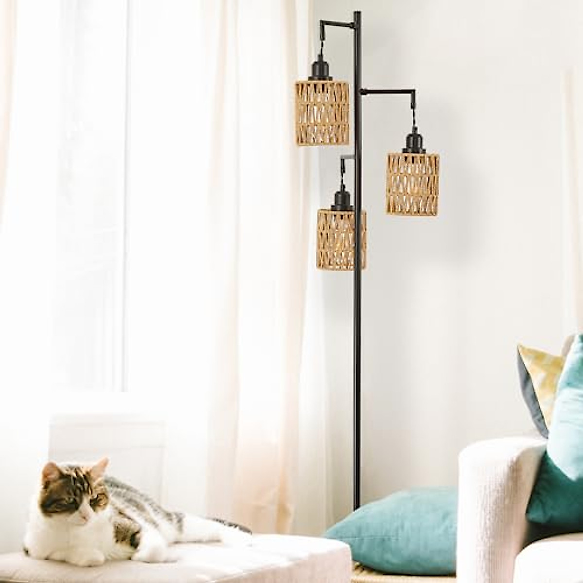 Feohak Boho Floor Lamp, Rattan Floor Lamps for Living Room 3-Light Bamboo Wicker Farmhouse Rustic Coastal Bohemian Straw Tall Tree Standing Lamp for Bedroom Office