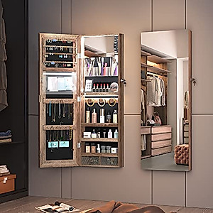 Vlsrka Mirror Jewelry Cabinet with 3 LED Lights, Wall/Door Mounted Jewelry Armoire Organizer with Full Length Mirror Large Capacity Storage Hanging Cabinet, Built-in Lighted & Movable Makeup Mirror