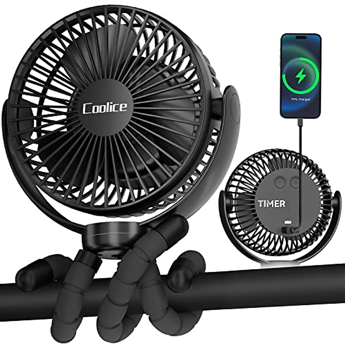 Stroller Fan Rechargeable - Portable Fan for Stroller, Timing Baby Fan, 35H Battery Operated Fan, 3 Speeds Baby Stroller Fan, Rotatable Car Seat Fan, Car Fan for Baby, Clip On Fan with Flexible Tripod