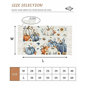 Thanksgiving Orange Blue White Pumpkins Hallway Runner Rug 2x6ft,Fall Eucalyptus Washable Woven Living Room Bedroom Kitchen Bathrom Carpet with Tassels Indoor Outdoor Throw Door Mat for Entryway