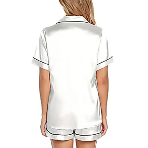 Satin Pajamas Women’s Short Sleeve Sleepwear Silk Soft Button Down Loungewear Pjs Set White M
