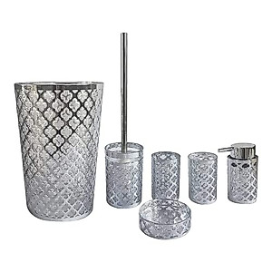 BH Home & Linen Luxurious 6 Pieces Bathroom Accessory Set. Maded of 100% Polyresin. (Geneva Chrome)