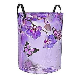 FeHuew Purple Flowers Butterfly on Water Collapsible Laundry Basket with Handle Waterproof Fabric Hamper Laundry Storage Baskets Organizer Large Bins for Dirty Clothes,toys,Bathroom