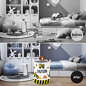 Clastyle 63L Large Yellow Engineering Car Kid Laundry Hamper with Handle Boy Bedroom Bathroom Nursery Collapsible Clothes Toy Storage Basket with Lid