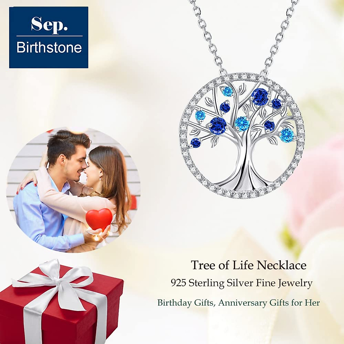 Birthday Gifts for Wife Mum Tree of Life Necklace Women September Birthstone Blue Sapphire Necklace for Her Fine Jewelry