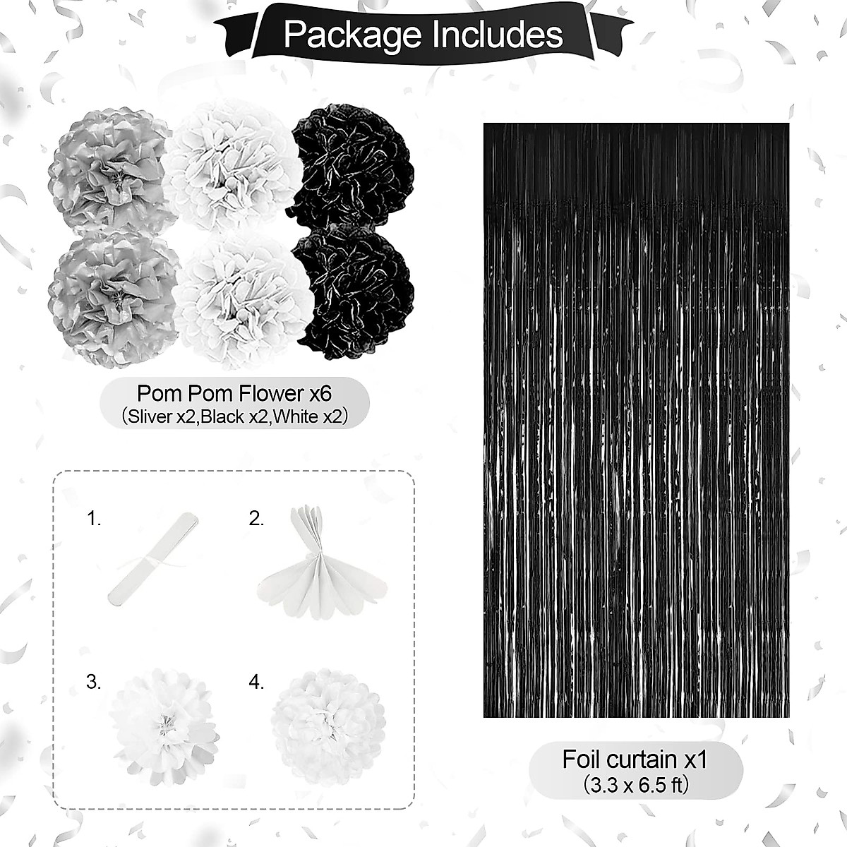 Black and White Birthday Party Decorations,Happy Birthday Decorations for Men Women Boys Girls Including Happy Birthday Banner,Fringe Curtains,Pompom Flower,Black and silver party decorations