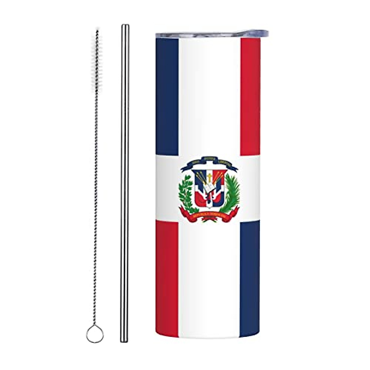 Stainless Steel Skinny Tumbler Dominican Republic Flag Travel Cup 20 Oz Double Wall Slim Insulated Coffee Mug With Splash Proof Lid & Straw & Cleaning Brush For Home Office