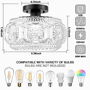 OYKYOHEI Semi Flush Mount Ceiling Light, Globe Glass Ceiling Light Fixture, Black Modern Lighting for Hallway Porch Corridor Kitchen Bedroom, Bulb Not Included