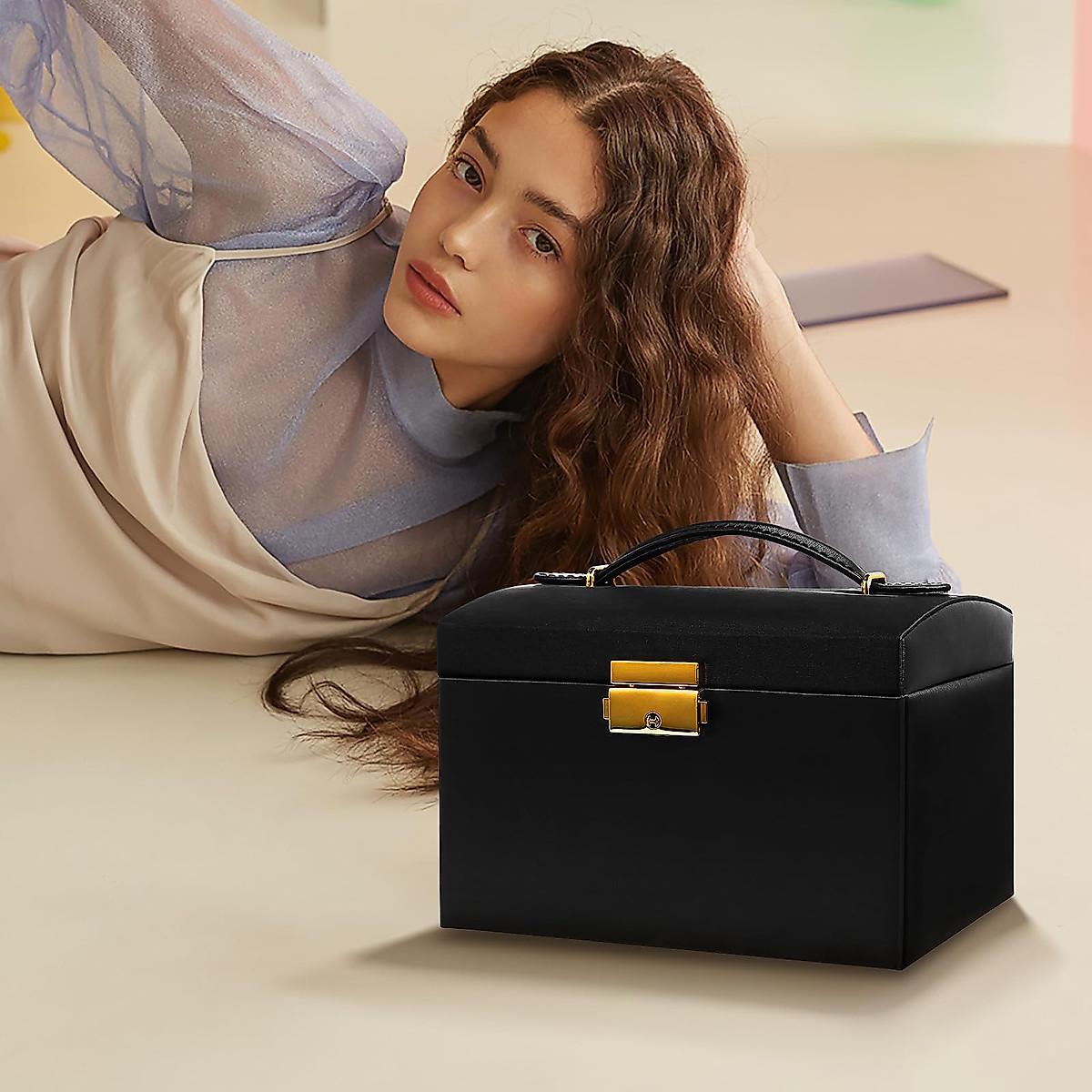 Jewelry Box for Girls Women, Jewelry Organizer Box 3 Layer with PU Leather, Travel Jewelry Case with Mirror,Jewelry Storage for Earrings Rings Bracelets Necklaces,Gifts idea for Women Girls Mom